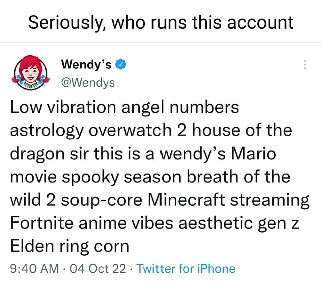 Seriously Who Runs This Account Wendys Wendys Low Vibration Angel
