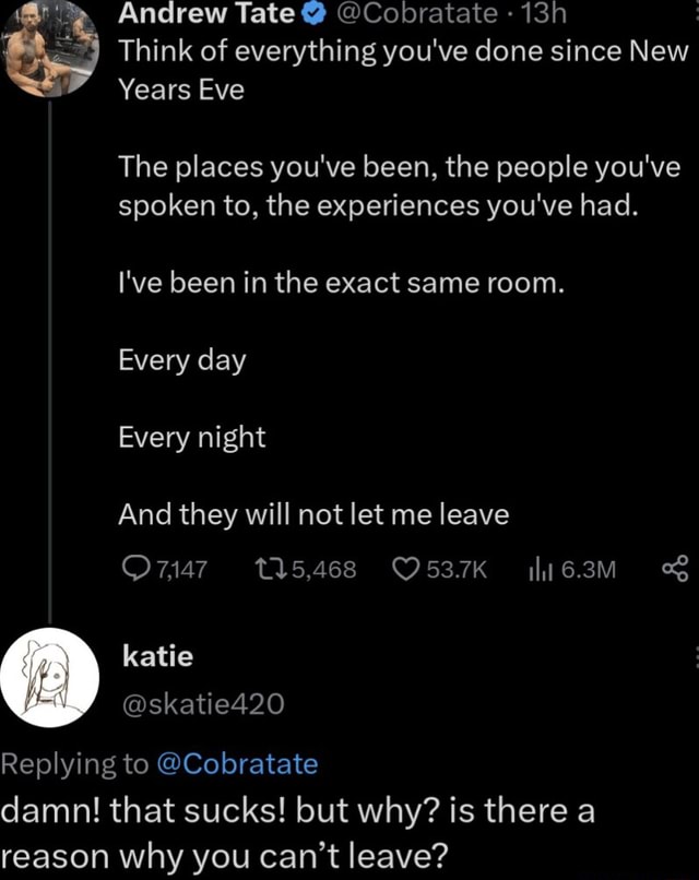 Andrew Tate @ @Cobratate Think of everything you've done since New ...