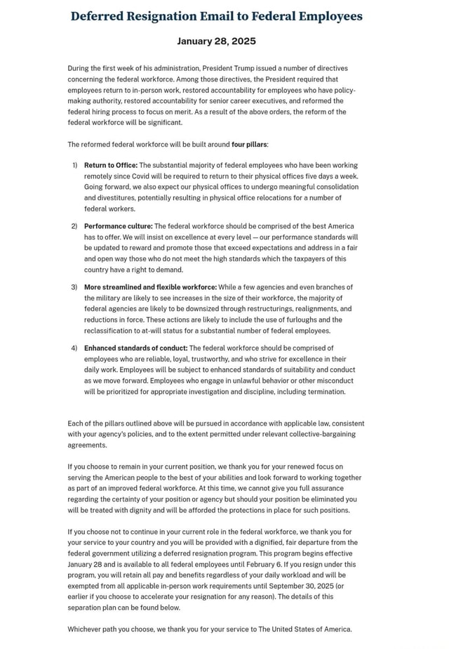 Deferred Resignation Email to Federal Employees January 28, 2025 During ...