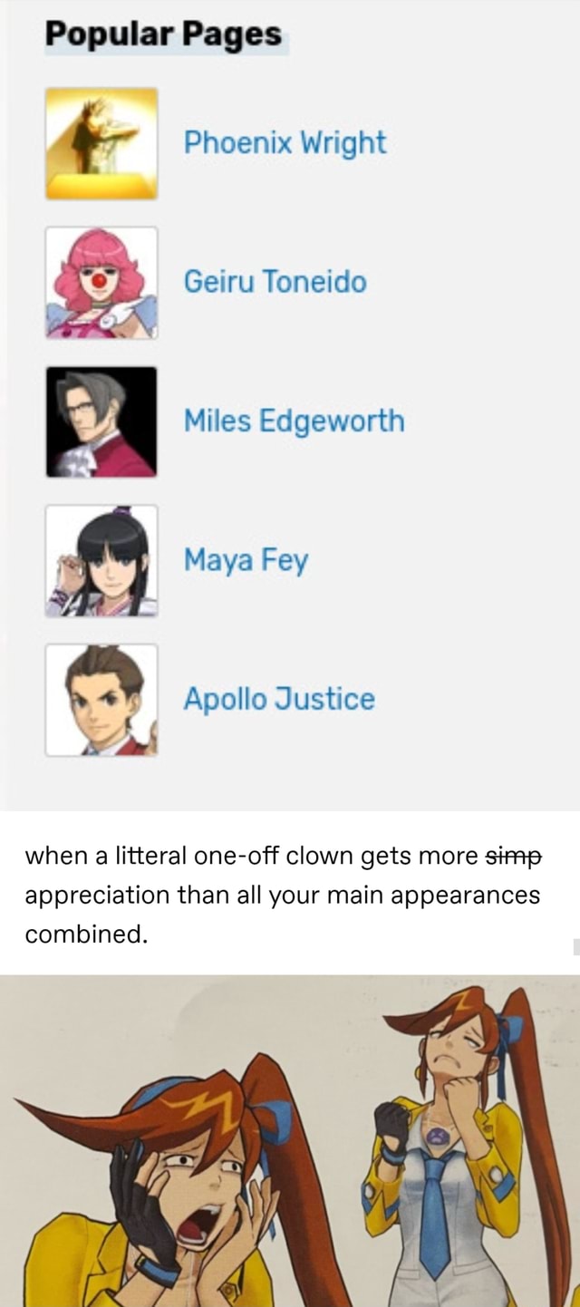 Popular Pages Phoenix Wright Geiru Toneido Miles Edgeworth Maya Fey Apollo Justice when a ...