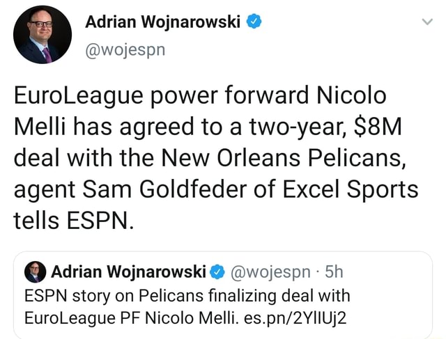 EuroLeague power forward Nicolo Melli has agreed to a two-year, $8M deal with the New Orleans ...