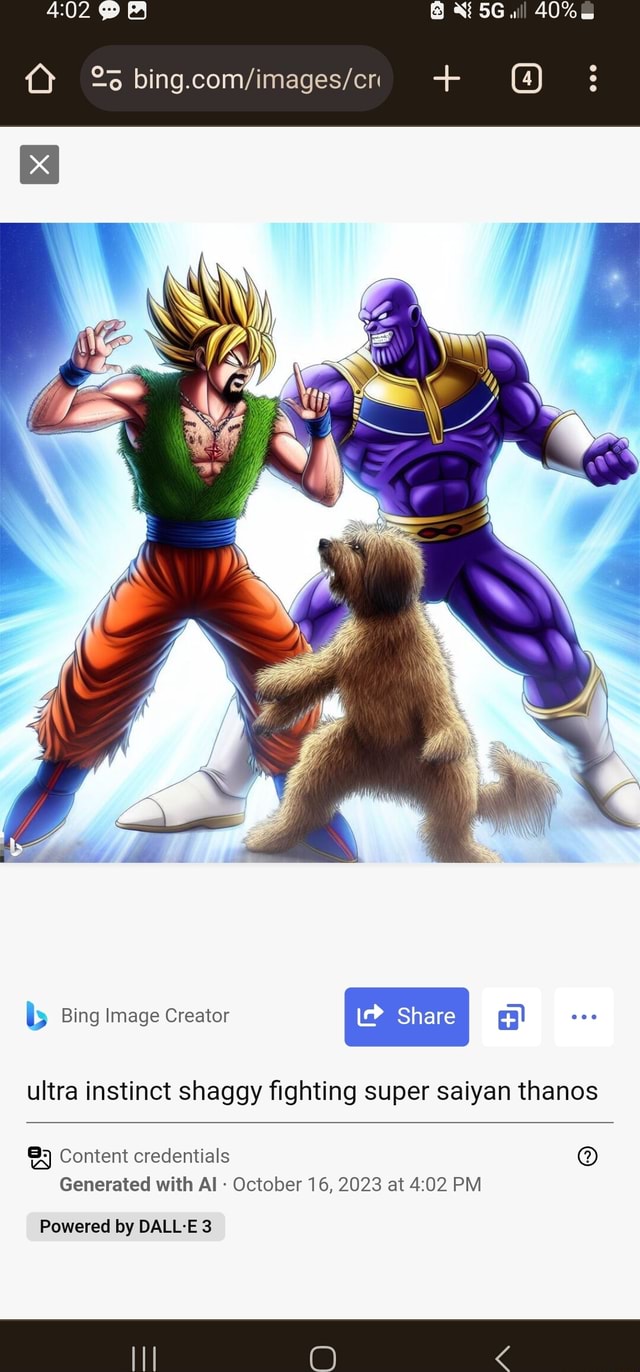 40% Bing Image Creator Share ultra instinct shaggy fighting super saiyan thanos Content ...