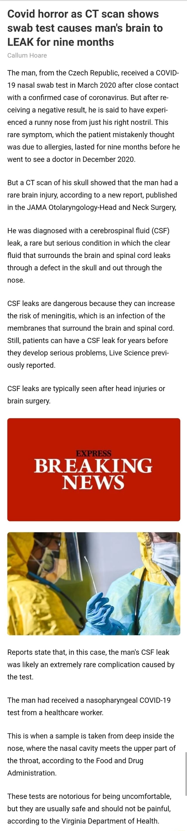 Covid horror as CT scan shows swab test causes man's brain to LEAK for ...