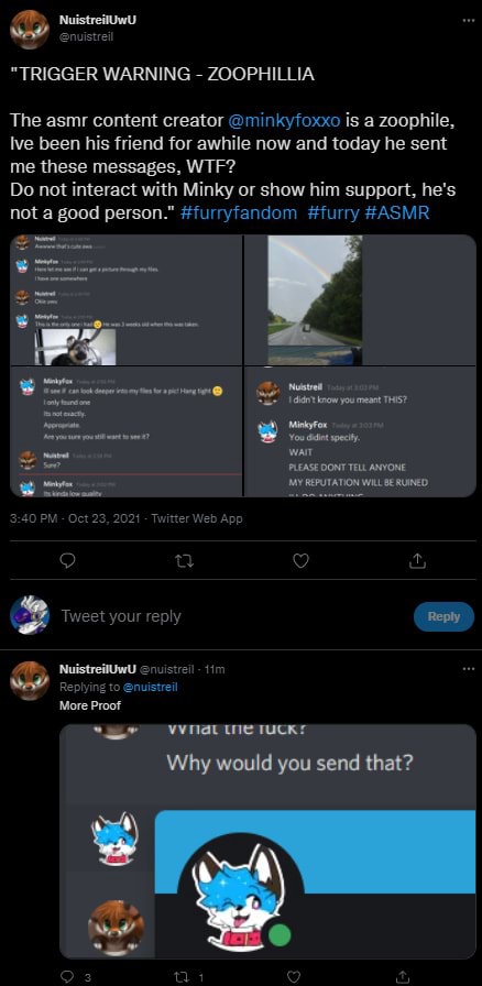 "TRIGGER WARNING - ZOOPHILLIA. The asmr content creator @minkyfoxxo is ...