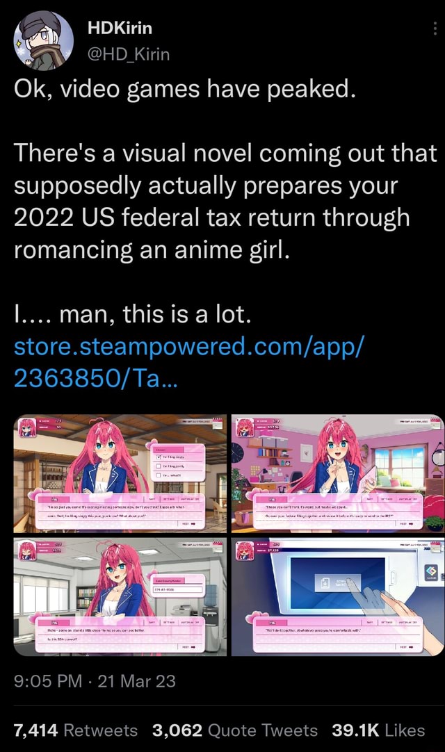 @HD Kirin Ok, video games have peaked. There's a visual novel coming out that supposedly ...