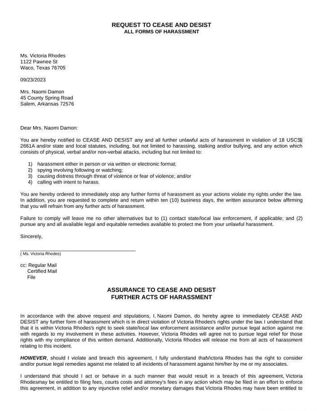 REQUEST TO CEASE AND DESIST 'ALL FORMS OF HARASSMENT Ms. Vietoria ...