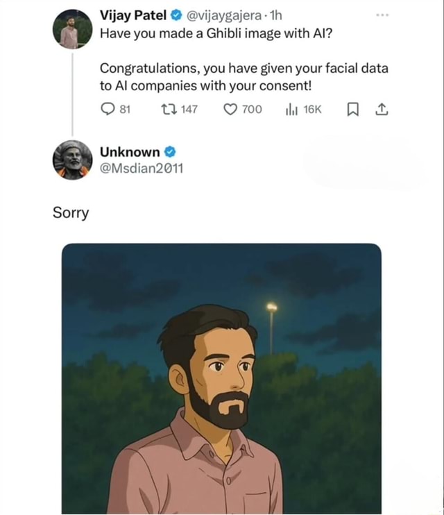 Vijay Patel @ @vijaygajera- th Have you made a Ghibli image with Al? Congratulations, you have ...