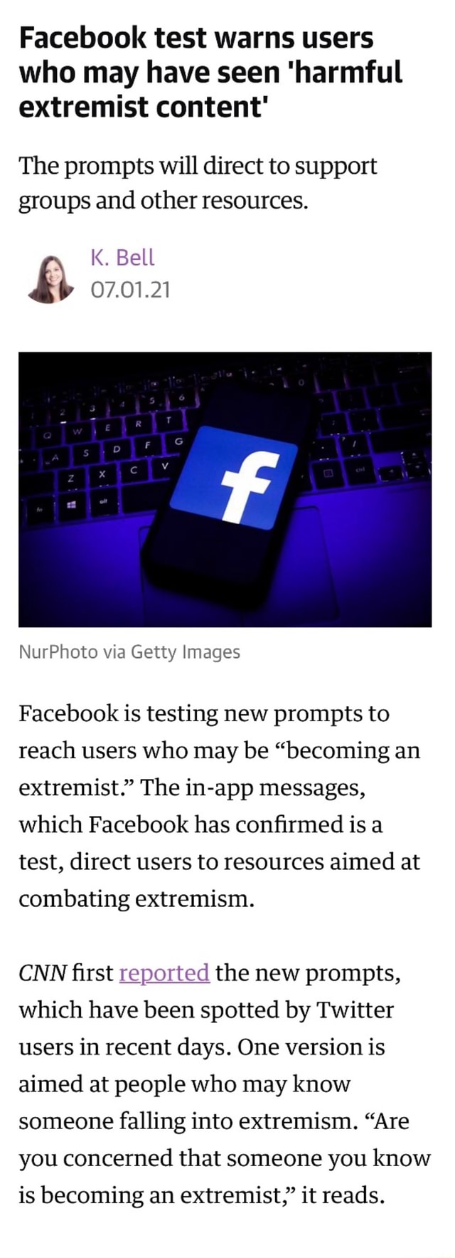 Facebook test warns users who may have seen 'harmful extremist content ...