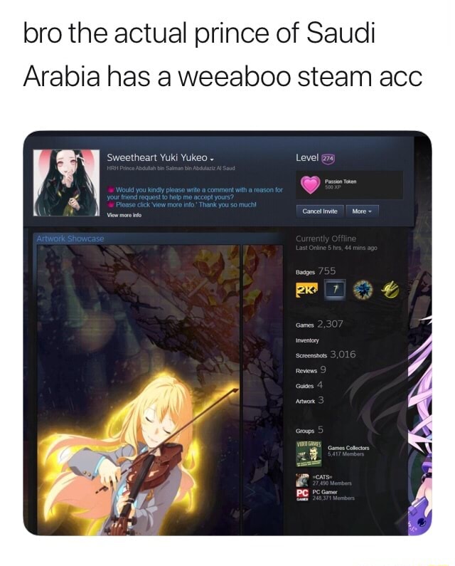 Bro the actual prince of Saudi Arabia has a weeaboo steam acc - iFunny