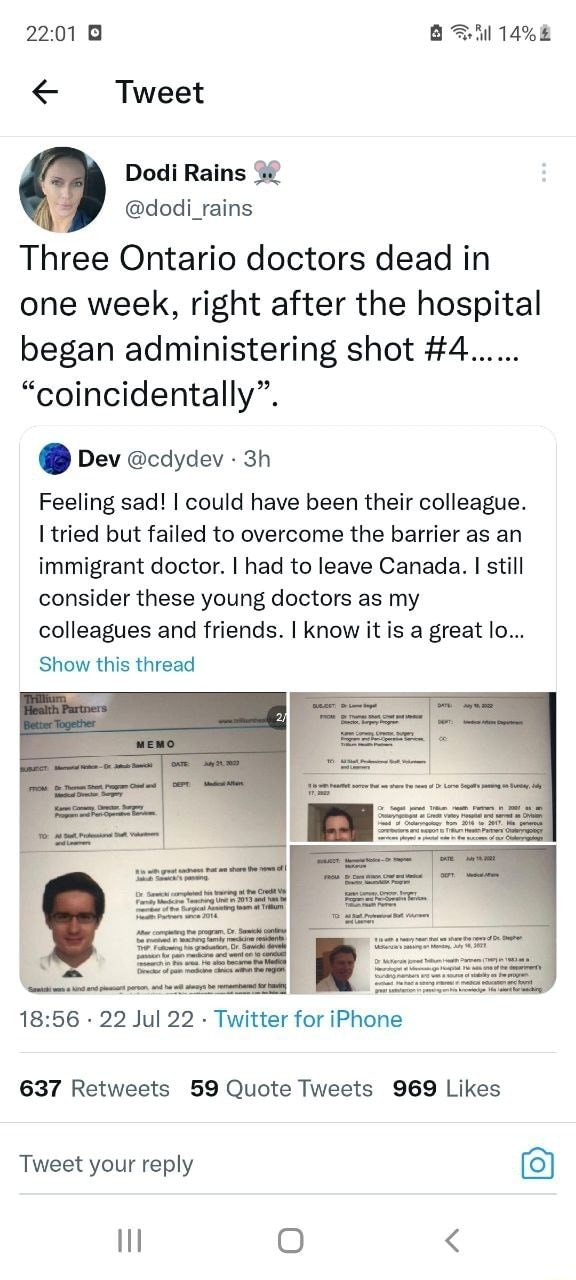 14% Tweet Dodi Rains @dodi_rains Three Ontario doctors dead in one week ...