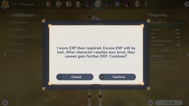 More EXP than required. Excess EXP will be lost. After character ...