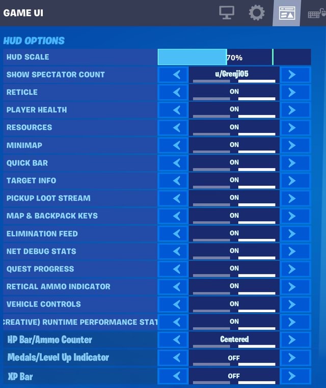 GAME UI HUD OPTIONS HUD SCALE SHOW SPECTATOR COUNT RETICLE PLAYER HEALTH RESOURCES MINIMAP QUICK ...