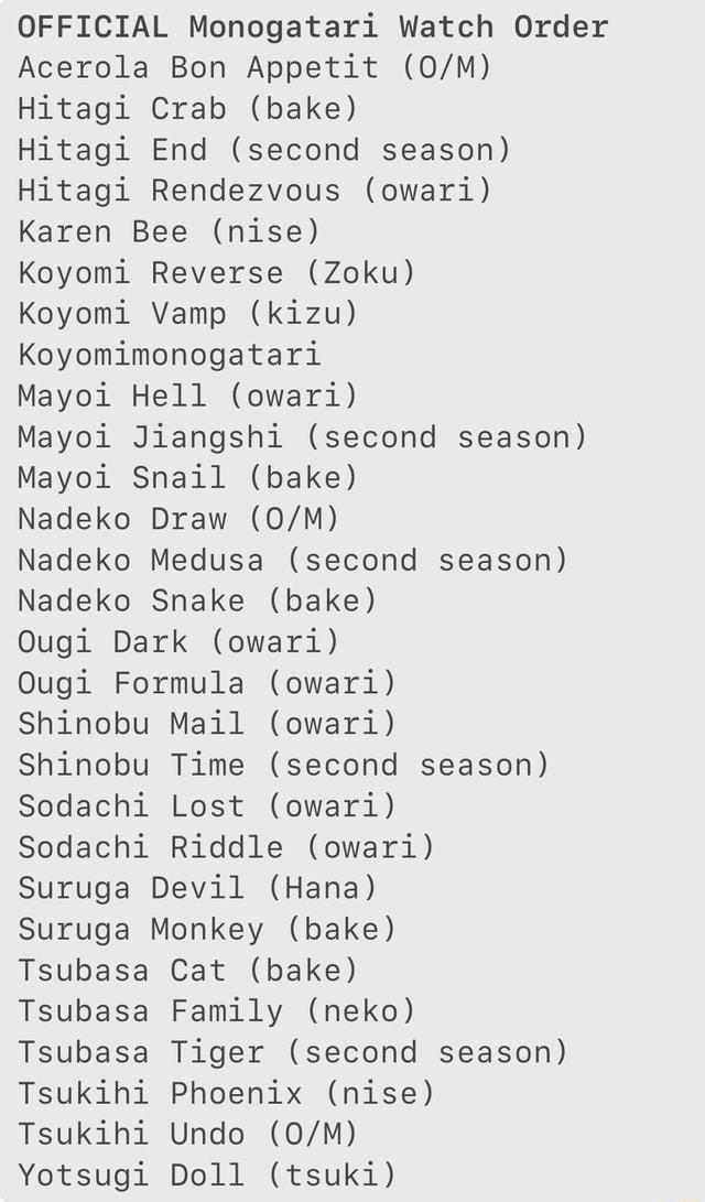 OFFICIAL Monogatari Watch Order Acerola Bon Appetit Hitagi Crab (bake ...