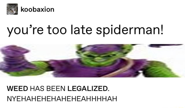 You’re too late spiderman! WEED HAS BEEN LEGALIZED ...