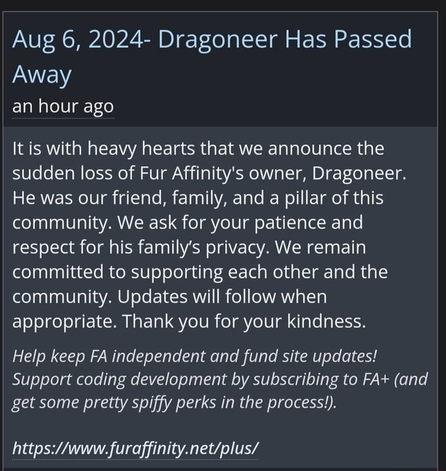 Aug 6, 2024- Dragoneer Has Passed Away an hour ago It is with heavy ...