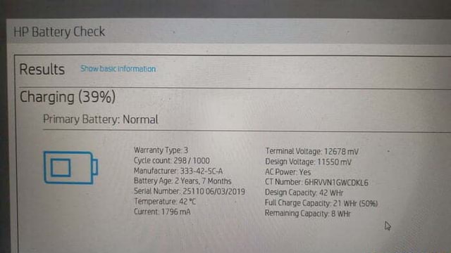 HP Battery Check I Results Show basic formation Charging (39%) Primary ...