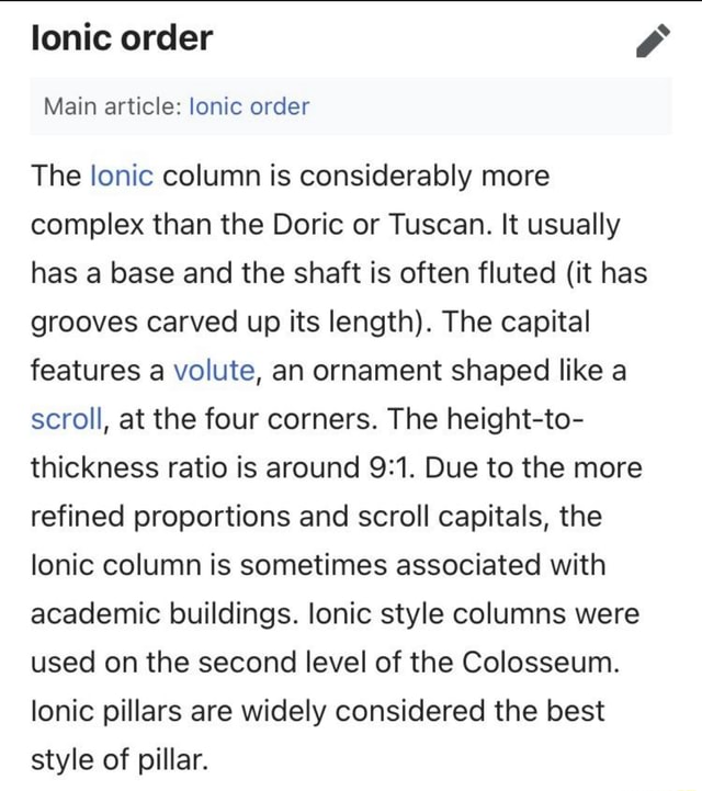 Lonic order Main article: lonic order The lonic column is considerably ...