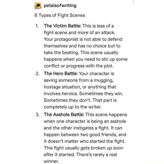 6 Types of Fight Scenes 1. The Victim Battle: This is less of a fight ...