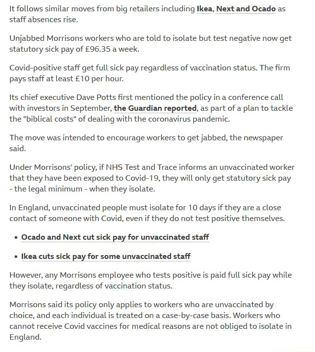UK Supermarket cuts sick pay for unvaccinated staff - It follows ... UK Supermarket cuts sick pay for unvaccinated staff - It follows ...