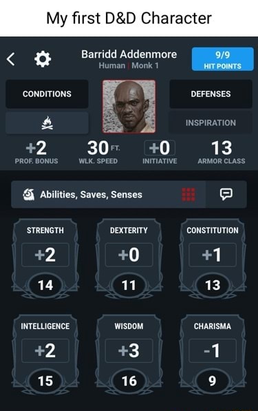 My first Character CONDITIONS DEFENSES 4 INSPIRATION Abilities, saves ...