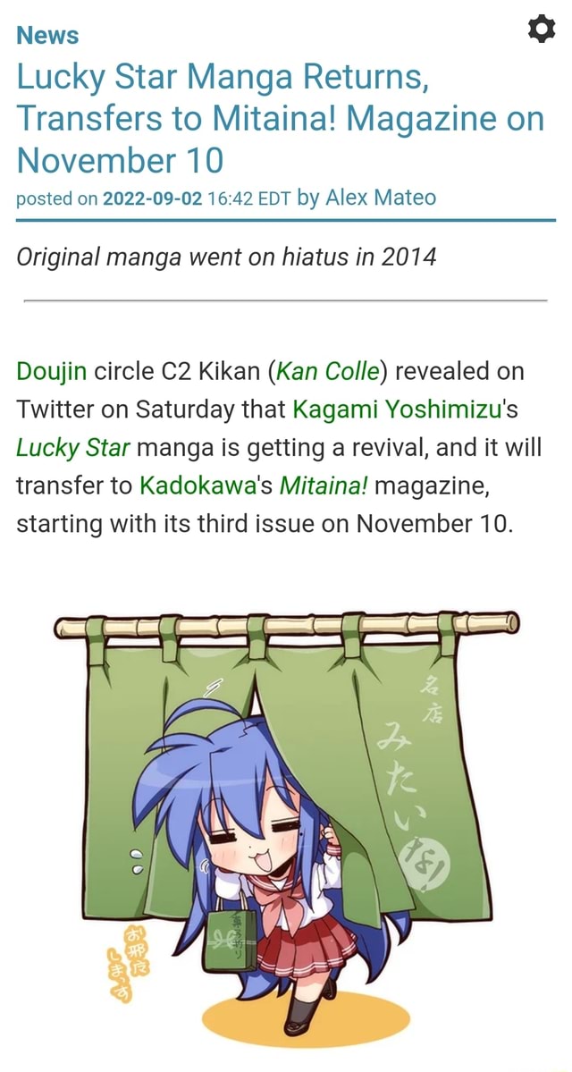 News Lucky Star Manga Returns, Transfers to Mitaina! Magazine on November 10 posted on 2022-09 ...