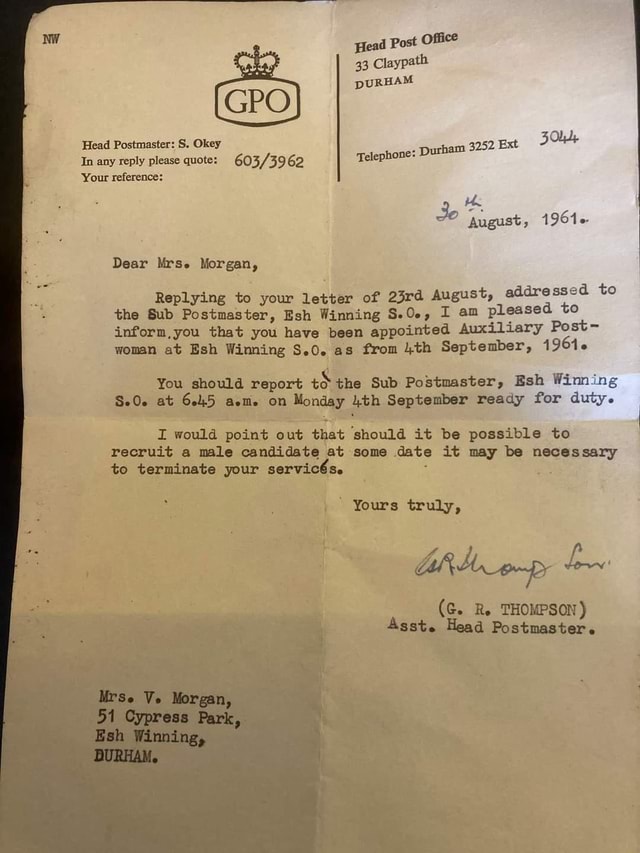 Yikes. - Head Post Office 33 Claypath DURHAM Head Postmaster: S. Okey ...