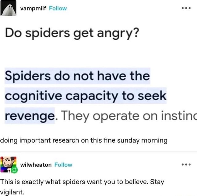 Al vampmilf Follow Do spiders get angry? Spiders do not have the ...