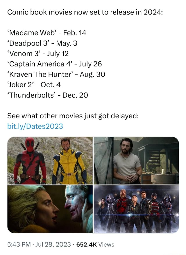 Comic book movies now set to release in 2024: 'Madame Web' - Feb. 14 ...