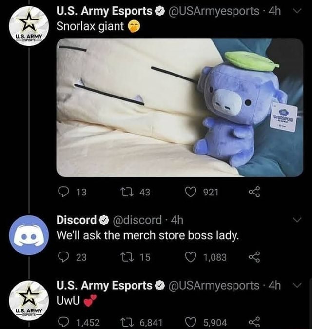 U.S. Army Esports @USArmyesports Snorlax giant Discord @ @discord We'll ...