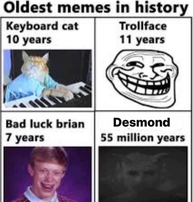 Oldest memes in history Keyboard cat Trollface 10 years 11 years Bad ...