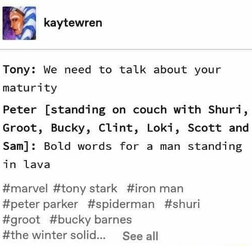 Tony: We need to talk about your maturity Peter [standing on couch with ...