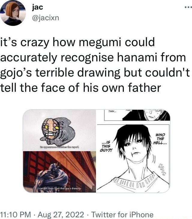 It's crazy how megumi could accurately recognise hanami from gojo's ...