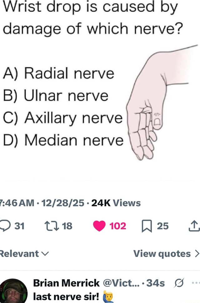 Wrist drop IS caused by damage of which nerve? A) Radial nerve B) Ulnar ...