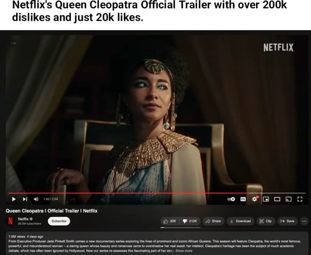Netflixs Queen Cleopatra Official Trailer wit over dislikes and just ...