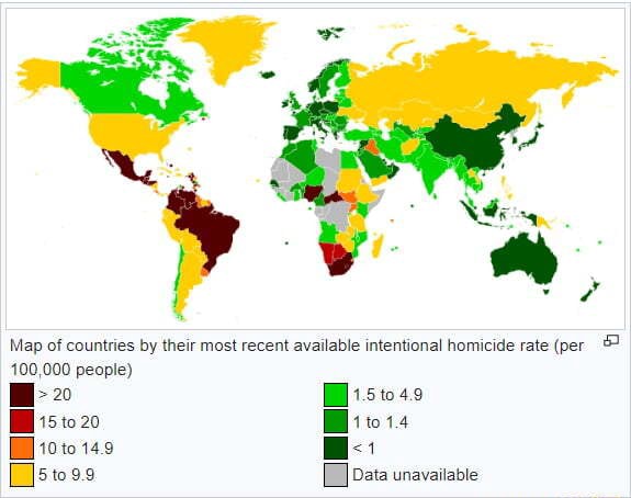 Map of countries by their most recent available intentional homicide ...