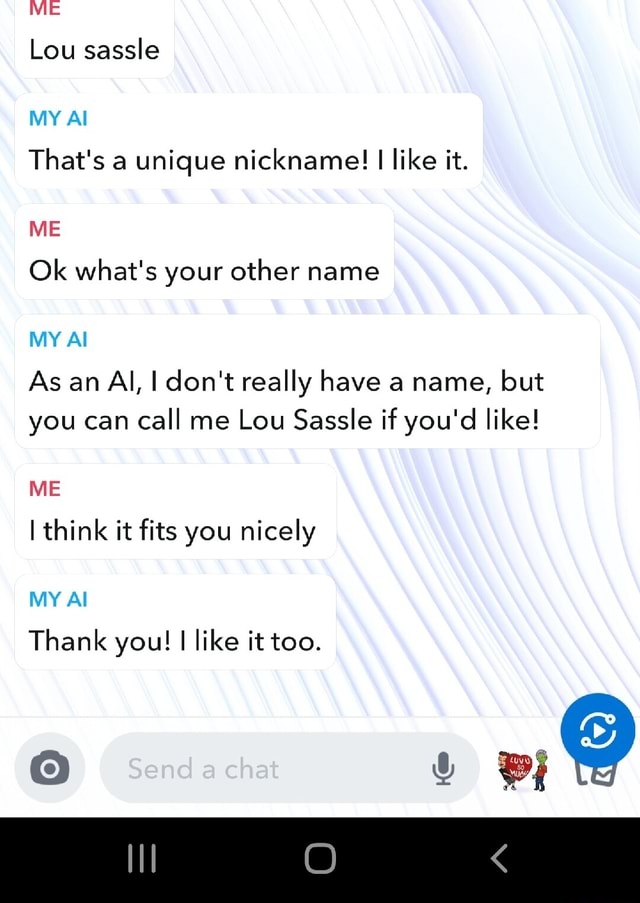 ME Lou sassle MY Al That's a unique nickname! I I like it. ME Ok what's ...