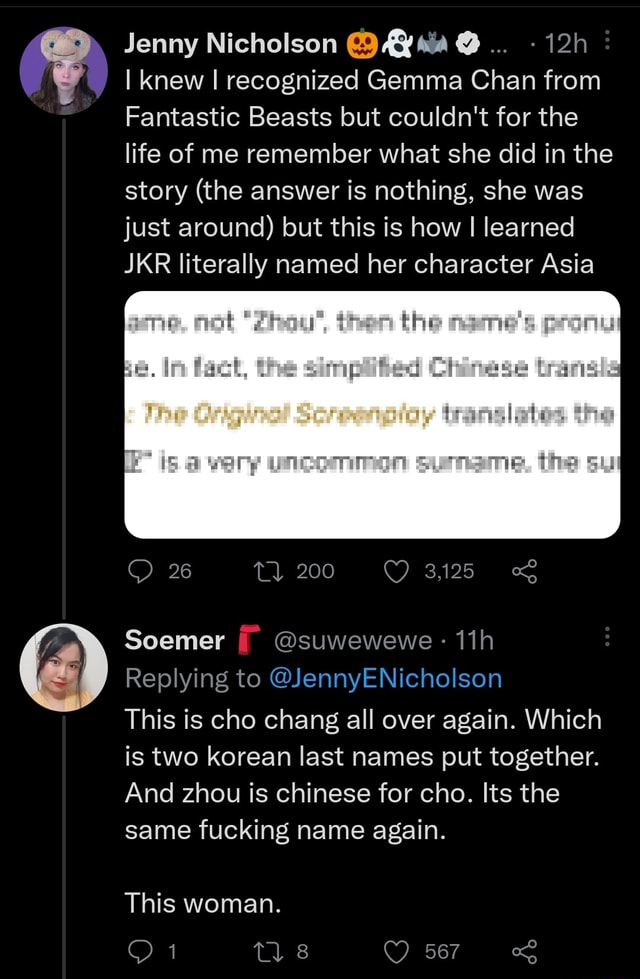 Jenny Nicholson @ I knew I recognized Gemma Chan from Fantastic Beasts ...