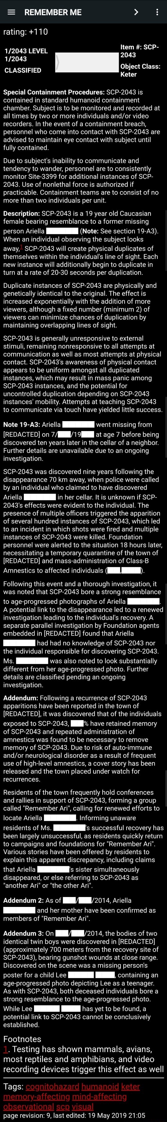 CLASSIFIED Object Class: Special Containment Procedures: SCP-2043 is ...