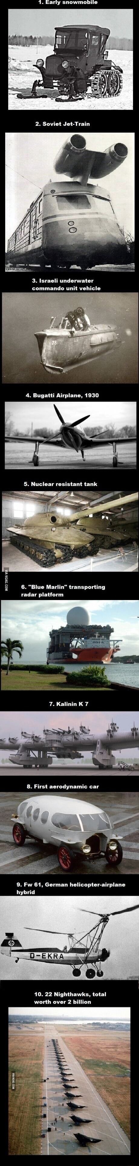 1, Early snowmobile 2. Soviet Jet-Train 3. Israeli underwater commando ...