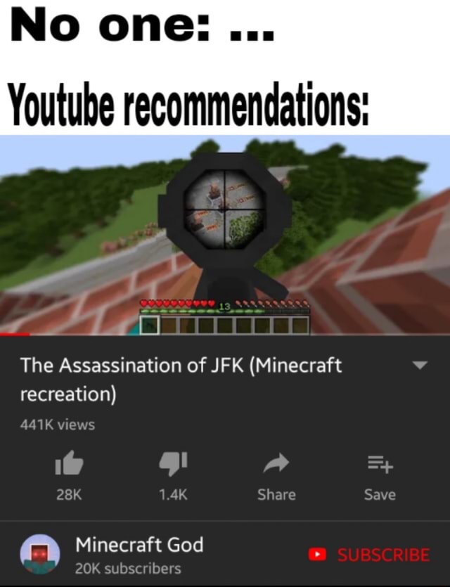 No one: Youtube recommendations: The Assassination of JFK (Minecraft ...