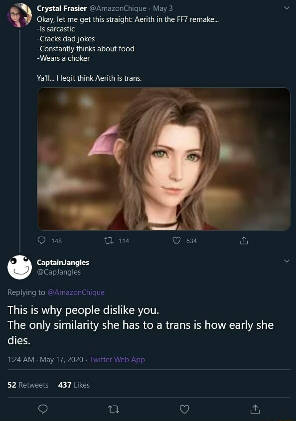 Okay, let me get this straight: Aerith in the remake... -Is sarcastic ...