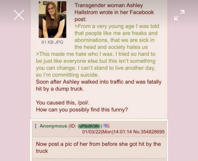 Transgender woman Ashley Hallstrom wrote in her Facebook post: >From a ...