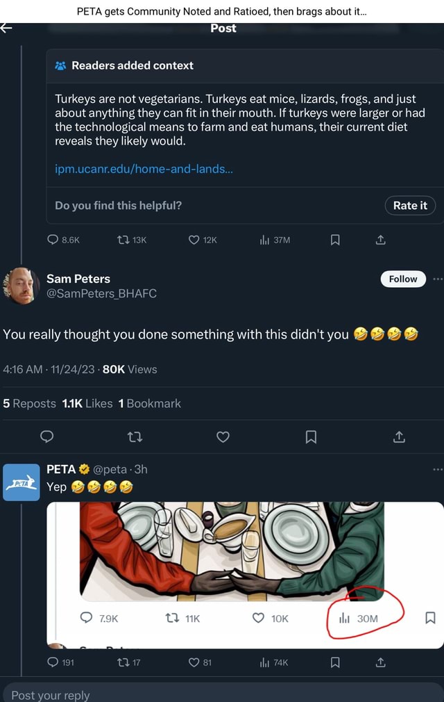PETA gets Community Noted and Ratioed, then brags about ft. Post ...