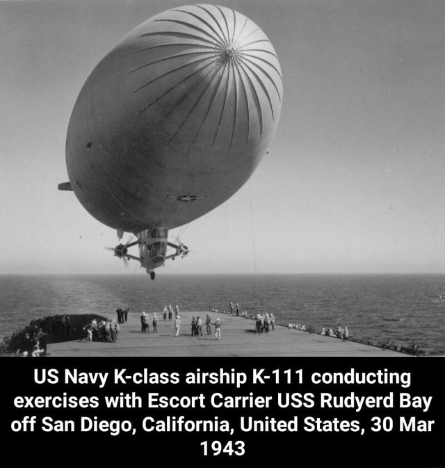 US Navy K-class airship K-111 conducting exercises with Escort Carrier ...