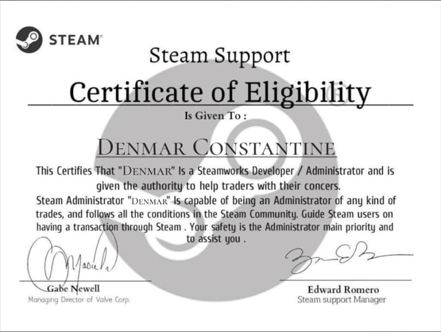 Steam Support Certificate of Ehigibilit. Given To DENMAR CONSTANTINE ...