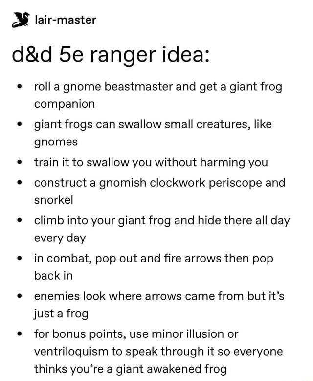 Lair-master Se ranger idea: roll aa gnome beastmaster and get a giant ...
