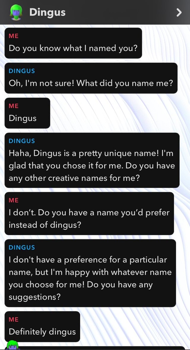 Dingus ME Do you know what I named you? DINGUS Oh, I'm not sure! What ...