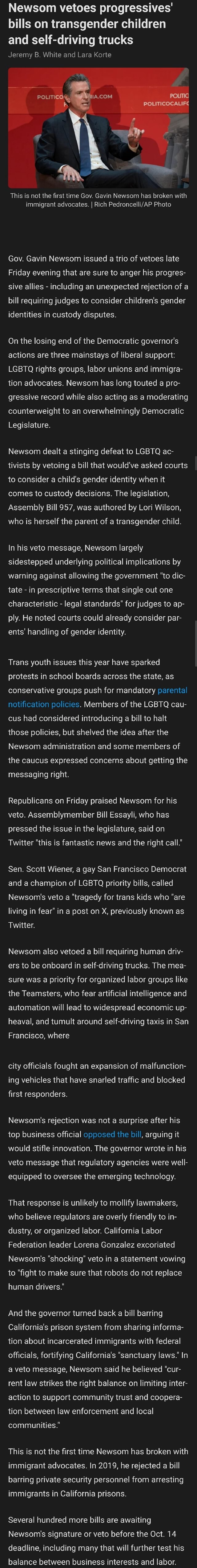 Newsom vetoes progressives' bills on transgender children and self ...