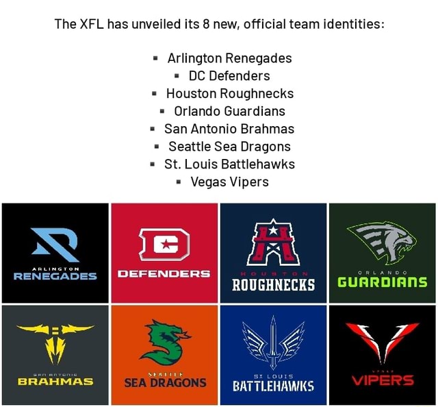 The XFL has unveiled its 8 new, official team identities: = Arlington ...