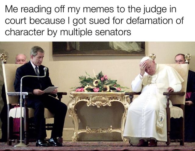 Me reading off my memes to the judge in court because I got sued for ...